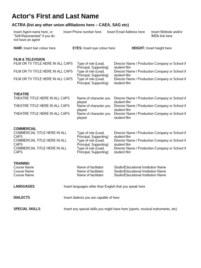 Acting Resume Template for Beginners | PDF