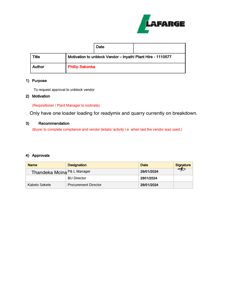 Decision Note - Reinstating Blocked Vendor-Inyathi Plant Hire (1)-1 | PDF