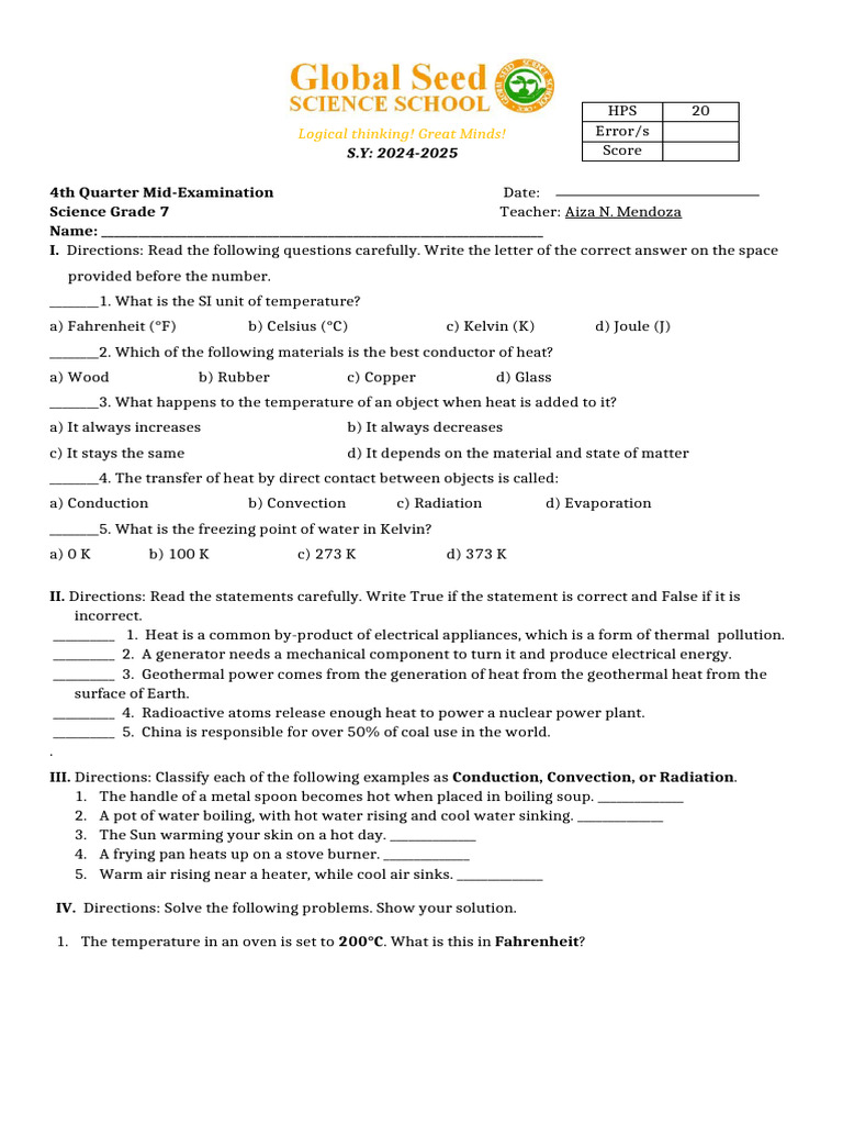 Grade 7 Science 4th Quarter Mid-Exam | PDF | Heat | Fahrenheit