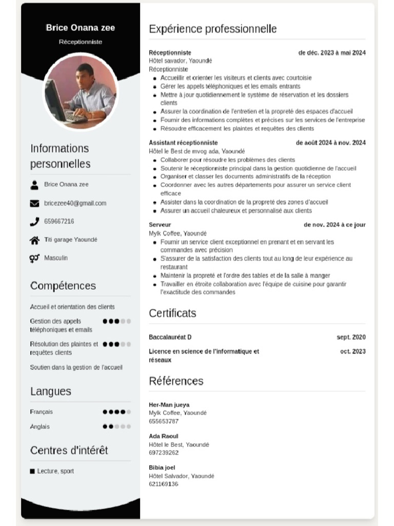 CV Réceptionniste Onana - 013054 | PDF