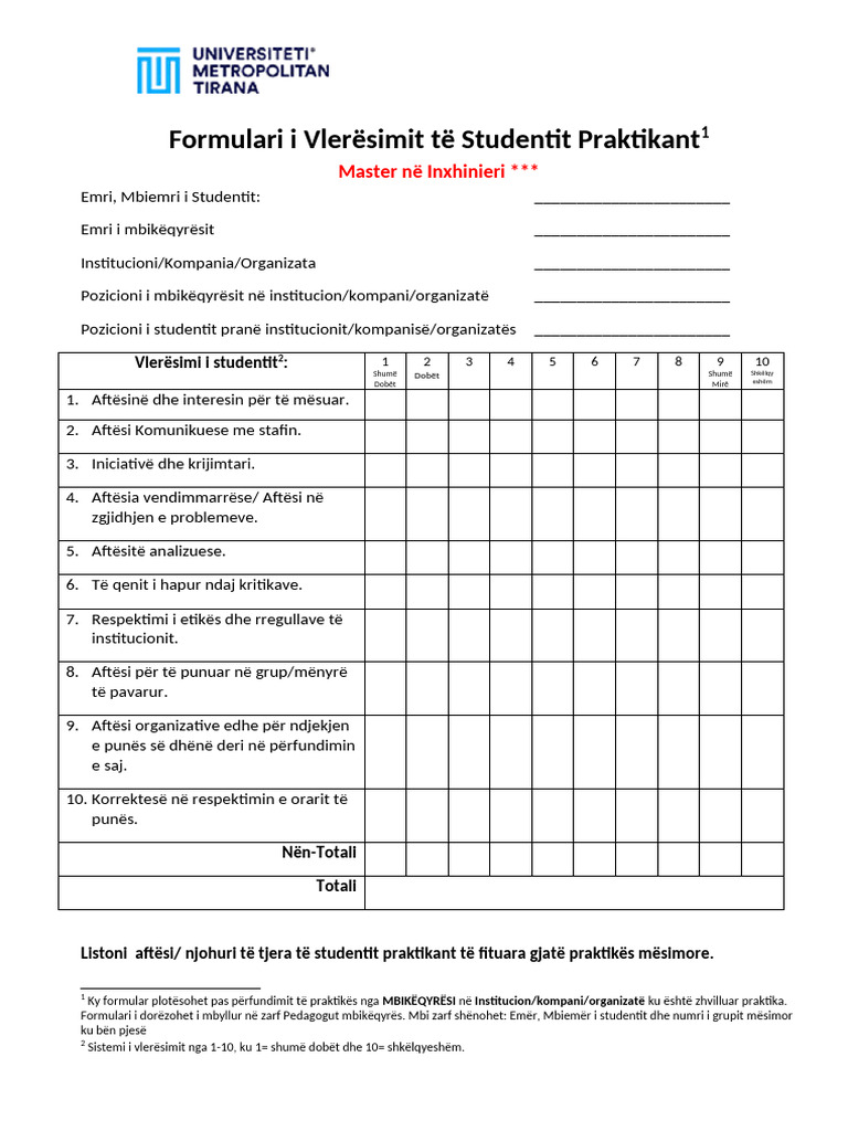 2 - Formulari I Vlerësimit Të Studentit Praktikant | PDF