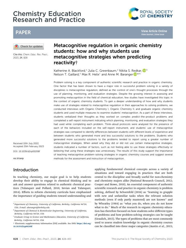 Metacognitive Regulation In Organic Chemistry Pdf Metacognition Procedural Knowledge