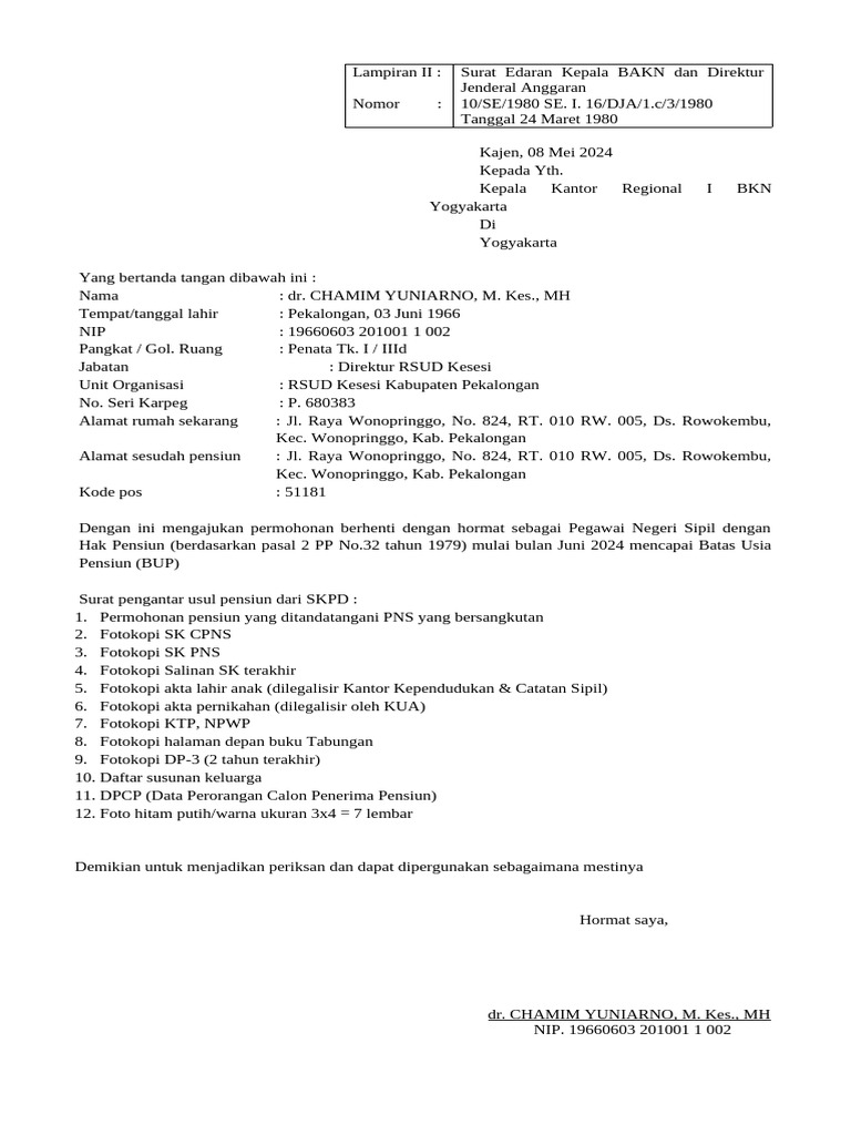 Surat Permohonan Pensiun | PDF