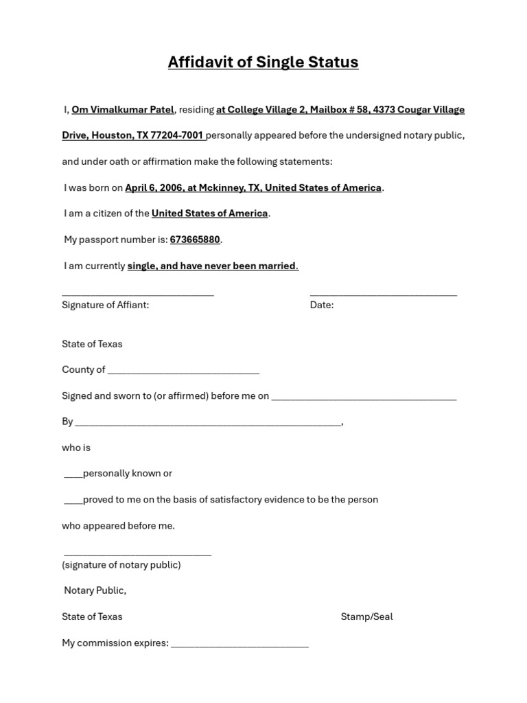Affidavit of Single Status | PDF
