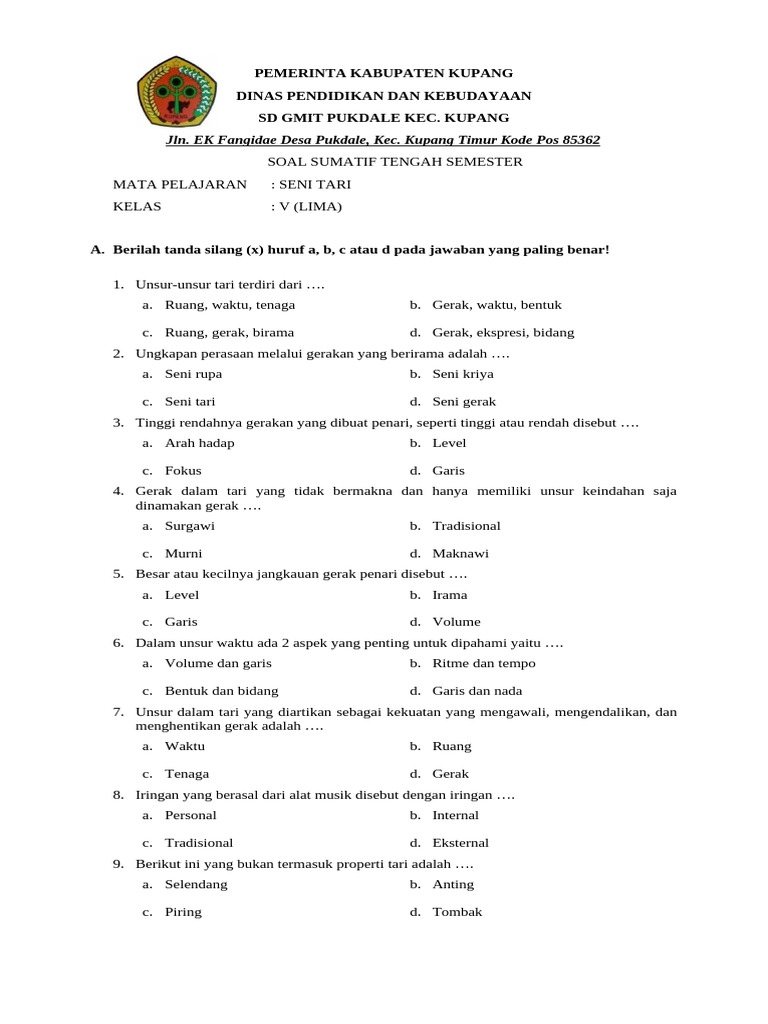 Soal STS Seni Tari Kelas 2025 | PDF