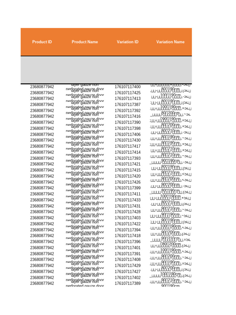 Product ID Product Name Variation ID Variation Name | PDF