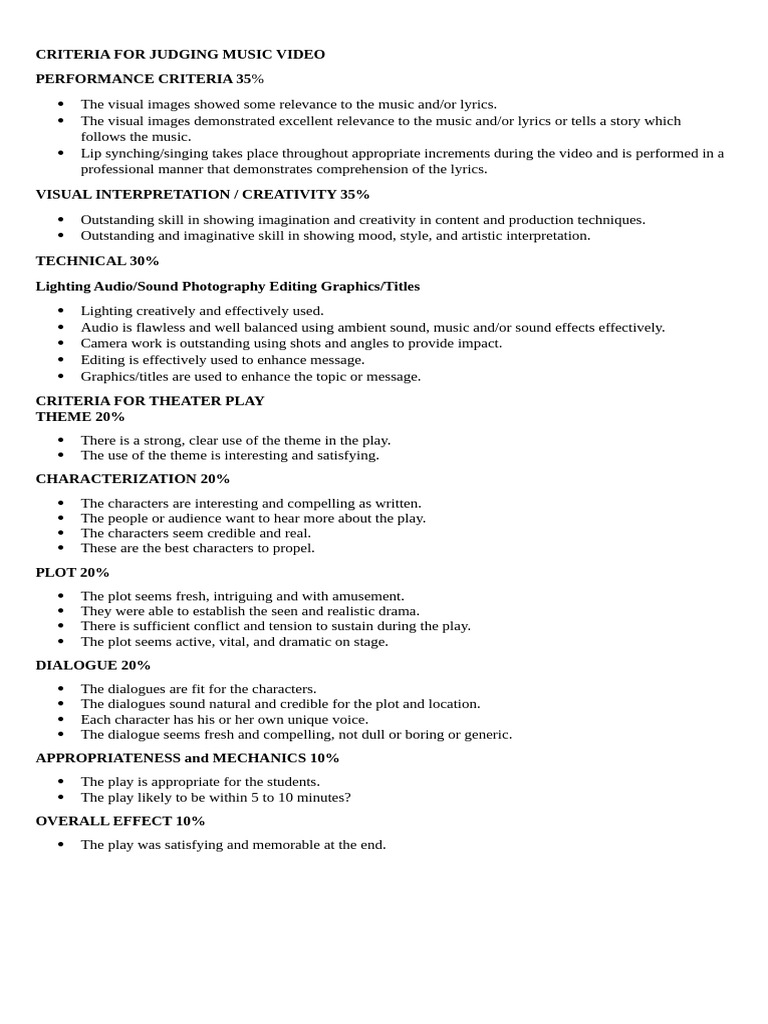 Criteria For Judging Music Video | PDF