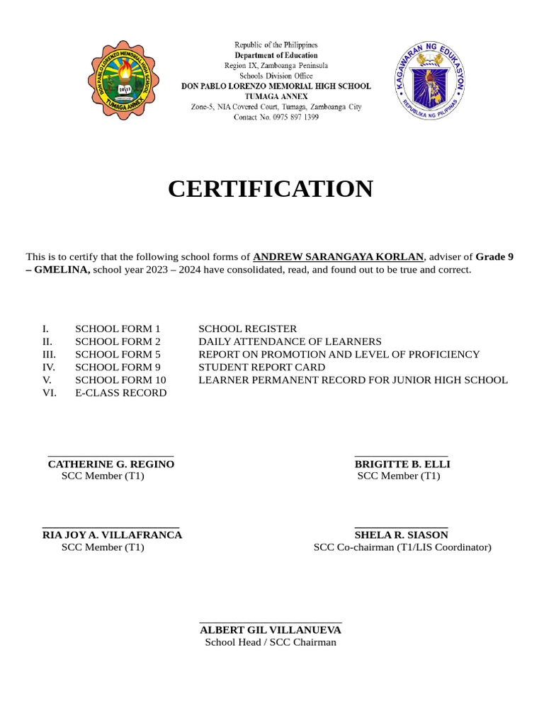 Certification of School Forms 2023-2024 | PDF