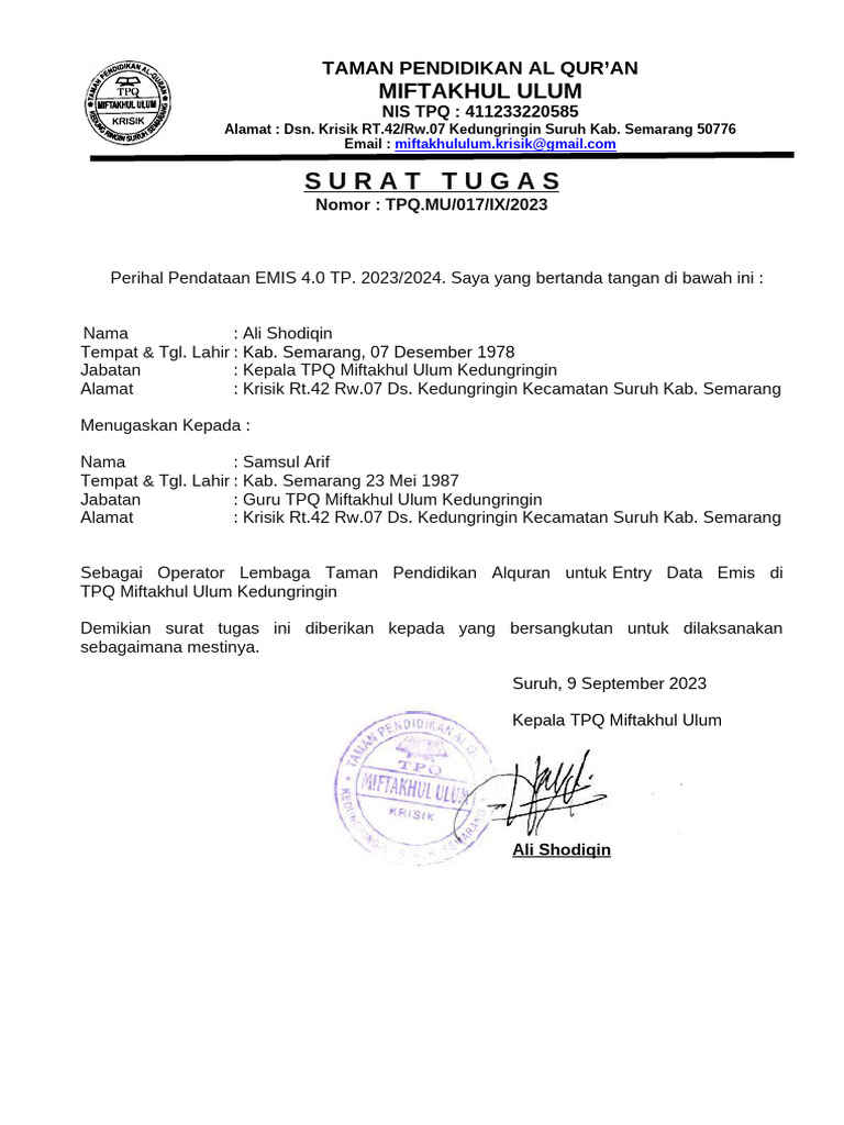 Contoh SK Operator TPQ | PDF