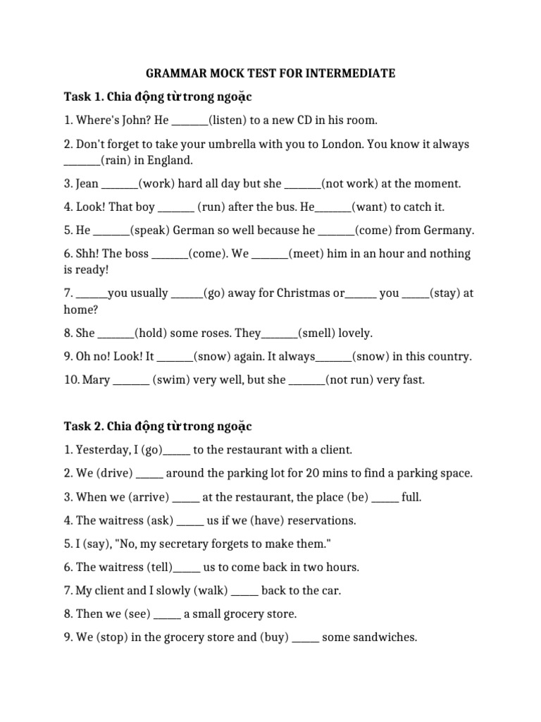 Grammar Mock Test For Intermediate | PDF