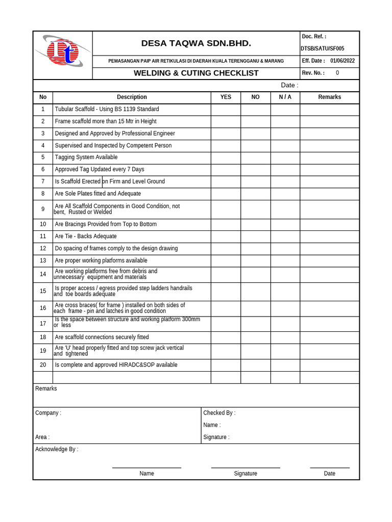 Scaffold Safety Checklist for Kuala Terengganu | PDF