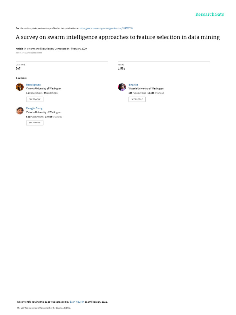 A Survey on Swarm Intelligence Approaches to Feature Selection in Data ...