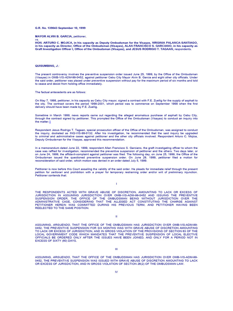 Garcia v. Mojica 314 SCRA 207 | PDF | Complaint | Injunction