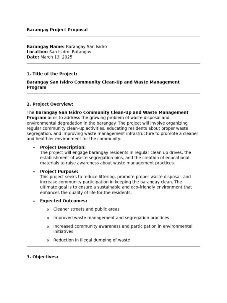 Sample Barangay Project Proposal | PDF | Waste Management | Waste