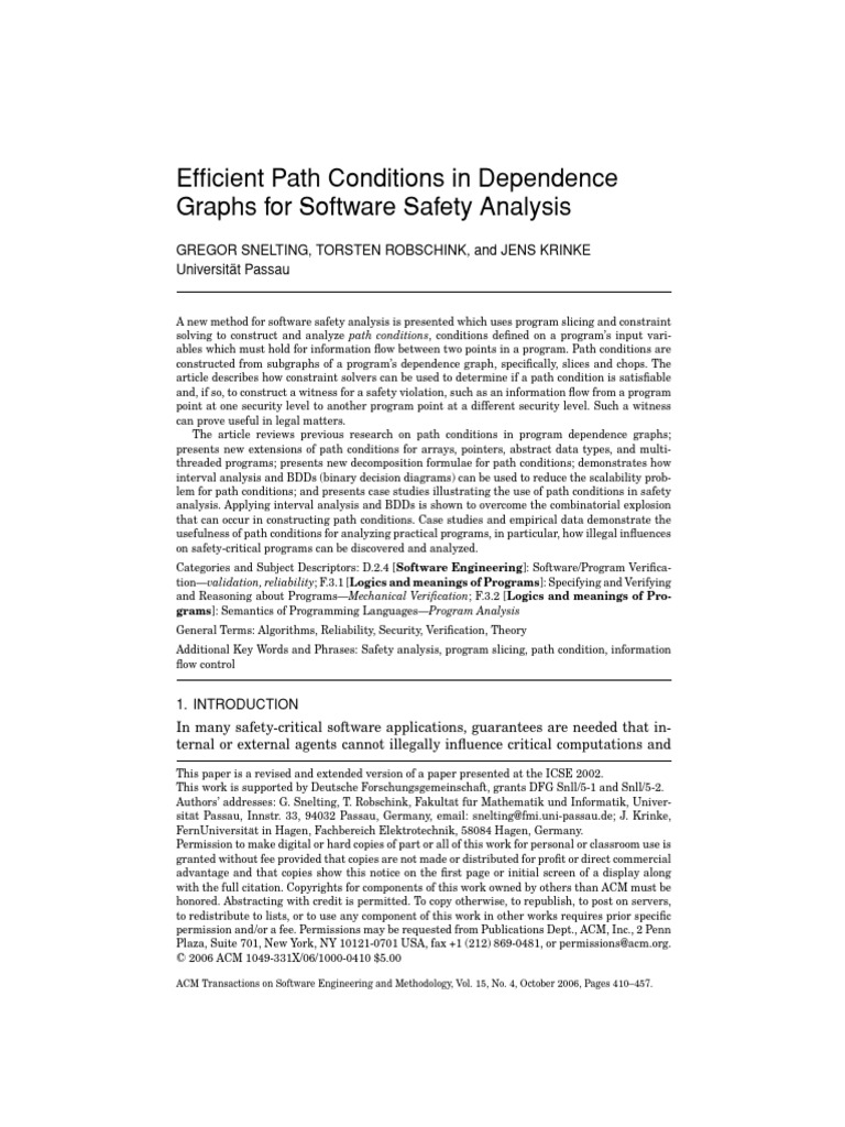 Efficient Path Conditions in Dependence Graphs for Early Software Safety Analysis | PDF ...