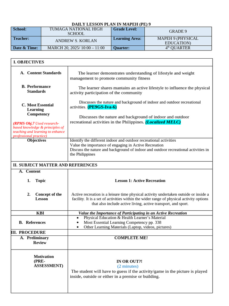 Active Recreation Lesson Plan for PE9 | PDF | Physical Education | Learning