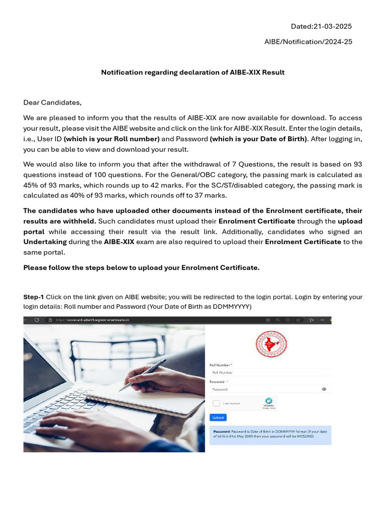 Notification regarding declaration of AIBE-XIX Result | PDF