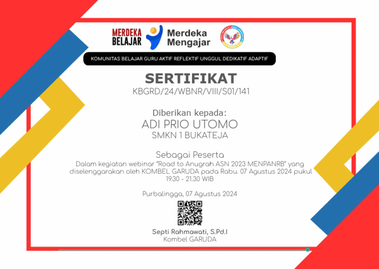 SERTIKAT WEBINAR PAK YUSRON ADI PRIO UTOMO - SMKN 1 BUKATEJA | PDF