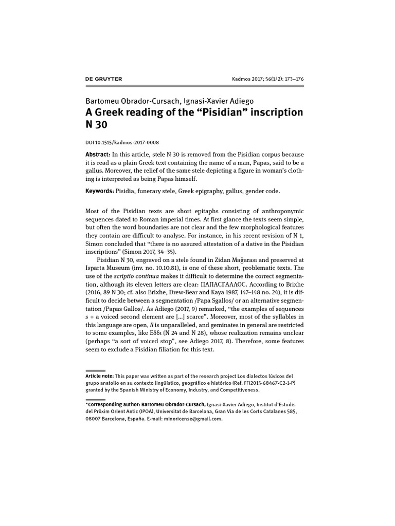 A Greek Reading of The Pisidian Inscript | PDF