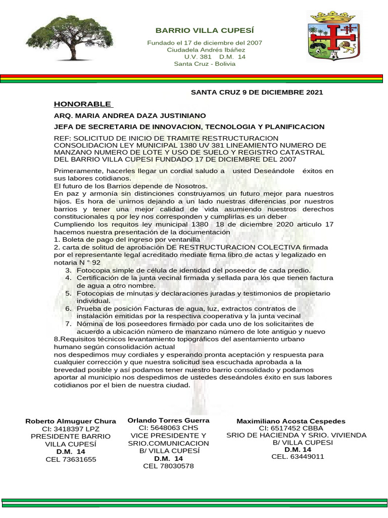 Solicitud de Reestructuración Barrio Villa Cupesí | PDF