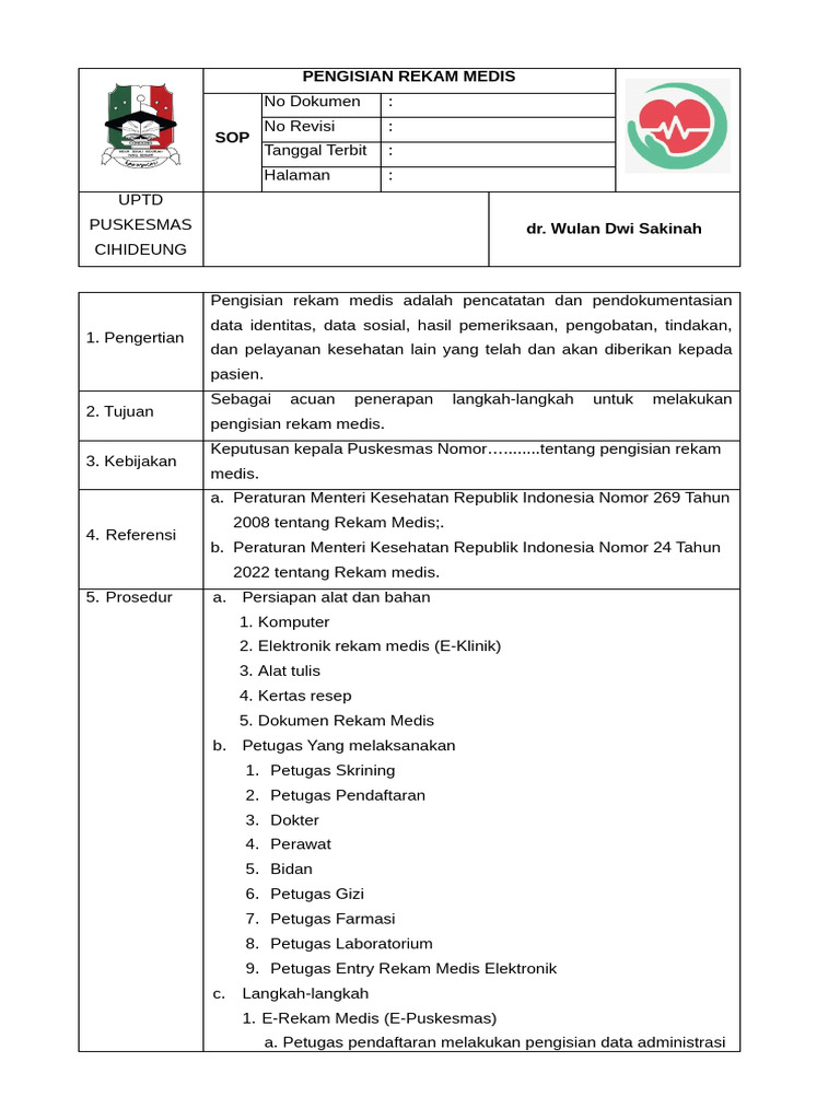 Sop Pengisian Rekam Medis | PDF
