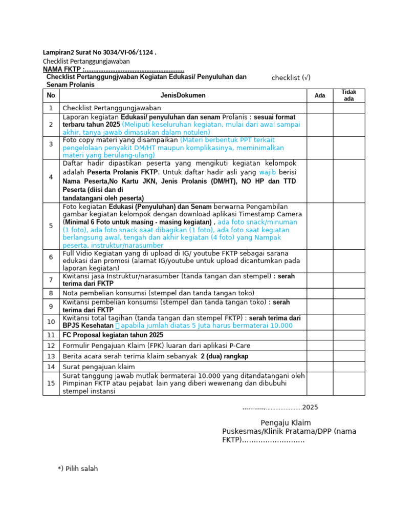 Rev Lampiran 2 Kelengkapan Syarat SPJ Prolanis 2025 | PDF