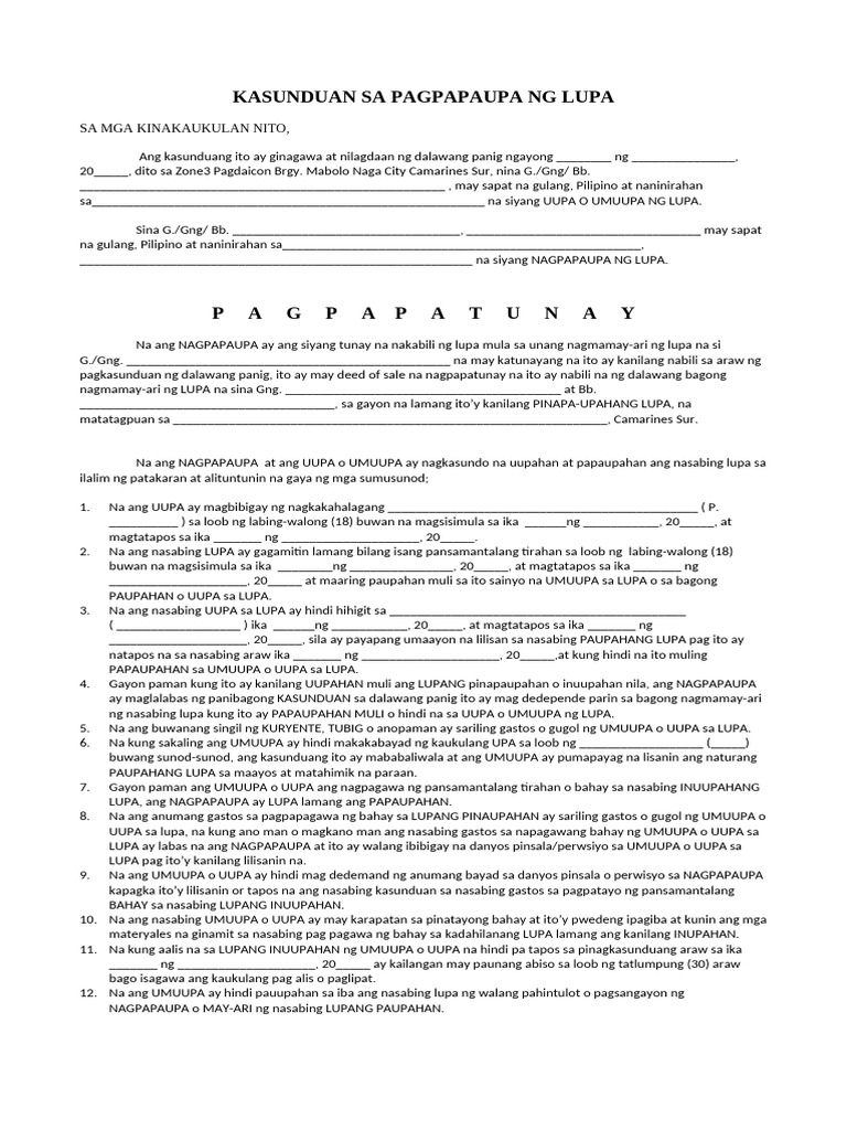 Kasunduan Sa Pagpapaupa NG Lupa | PDF