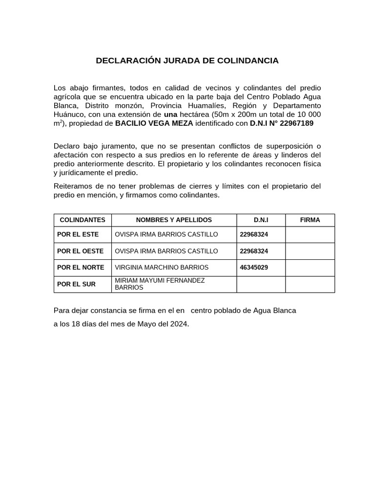Declaración Jurada de Colindancia Huánuco | PDF