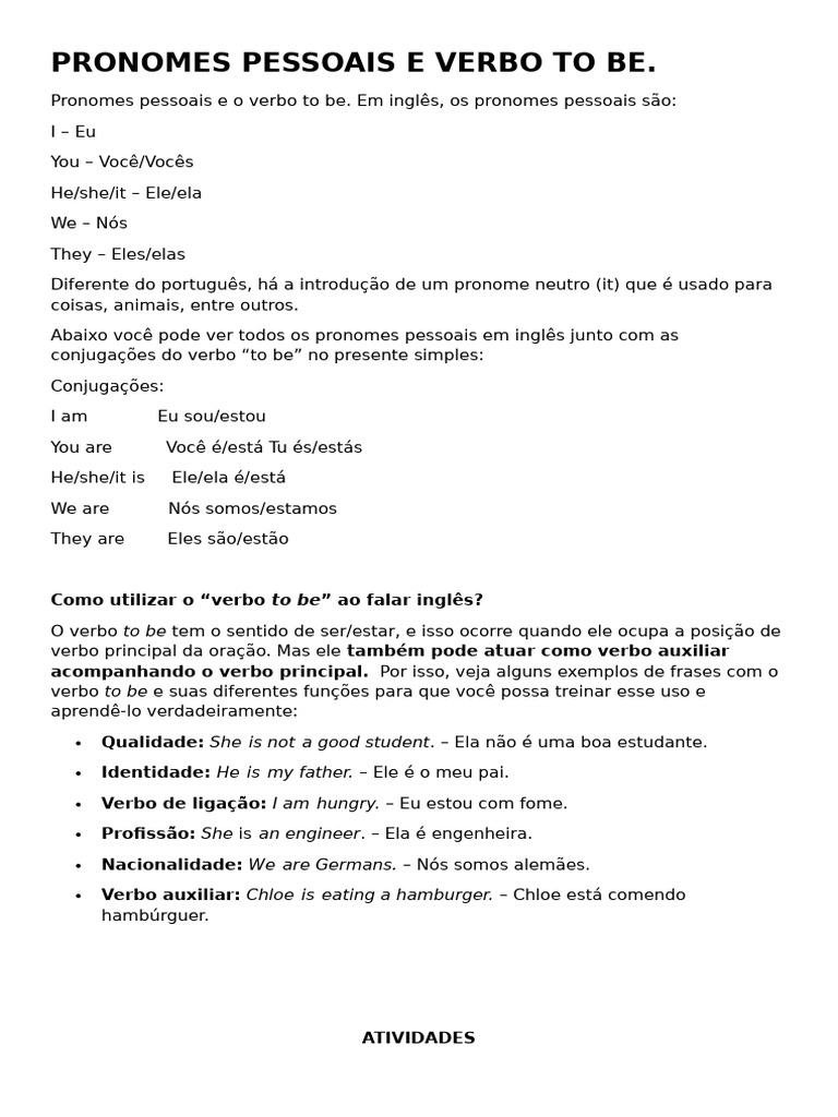 Pronomes Pessoais e Verbo To Be | PDF | Pronome | Famílias linguísticas
