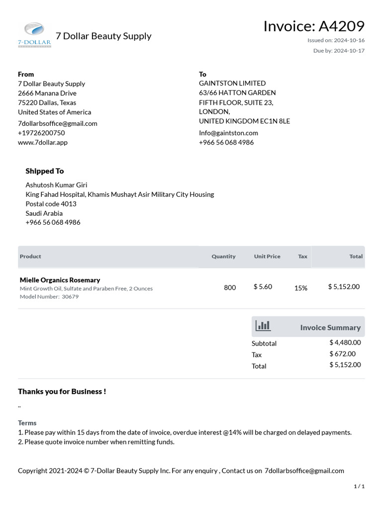 7 Dollar Distributor Invoice For Oil Rosemary | PDF