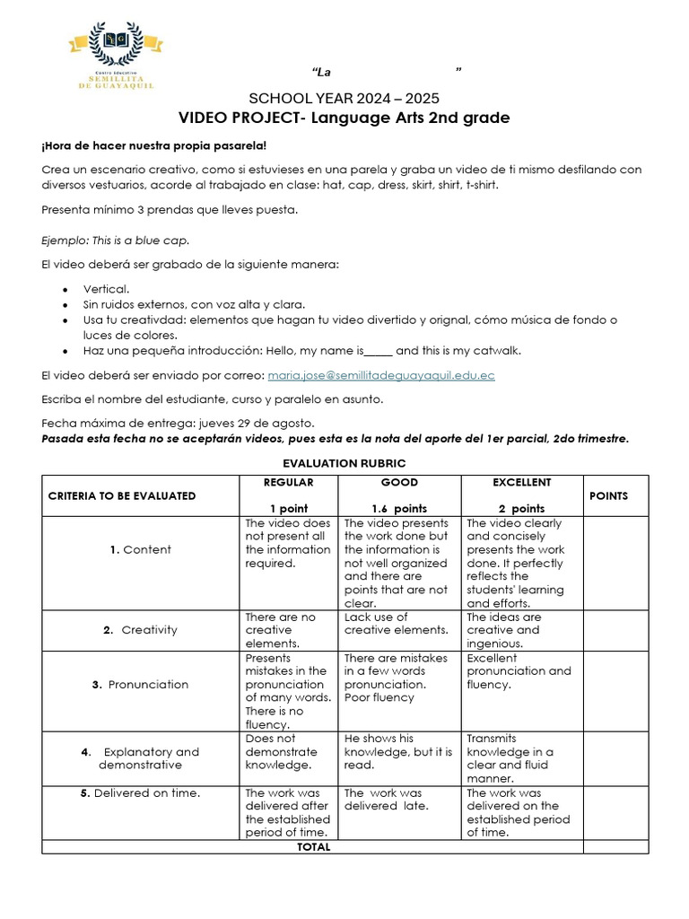 2nd Grade Video Project Guidelines | PDF
