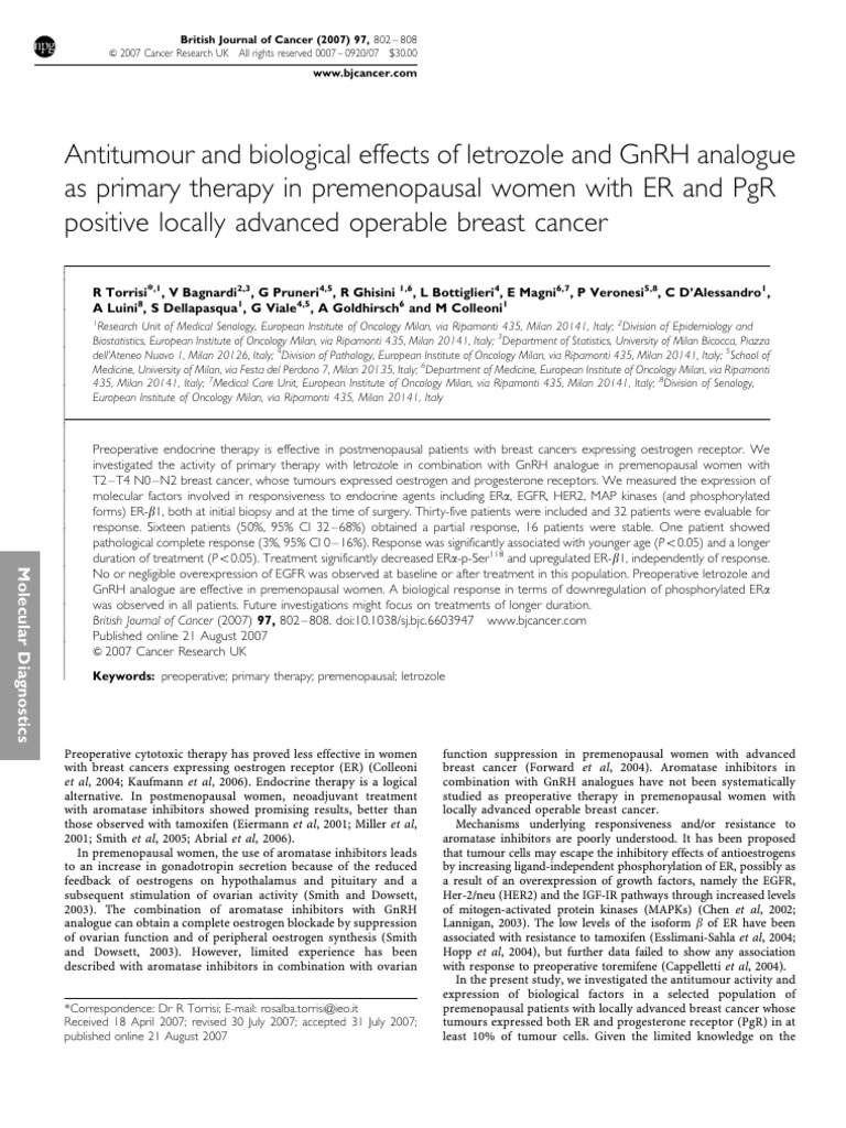 Antitumour and Biological Effects of Letrozole and GNRH Analogue As ...