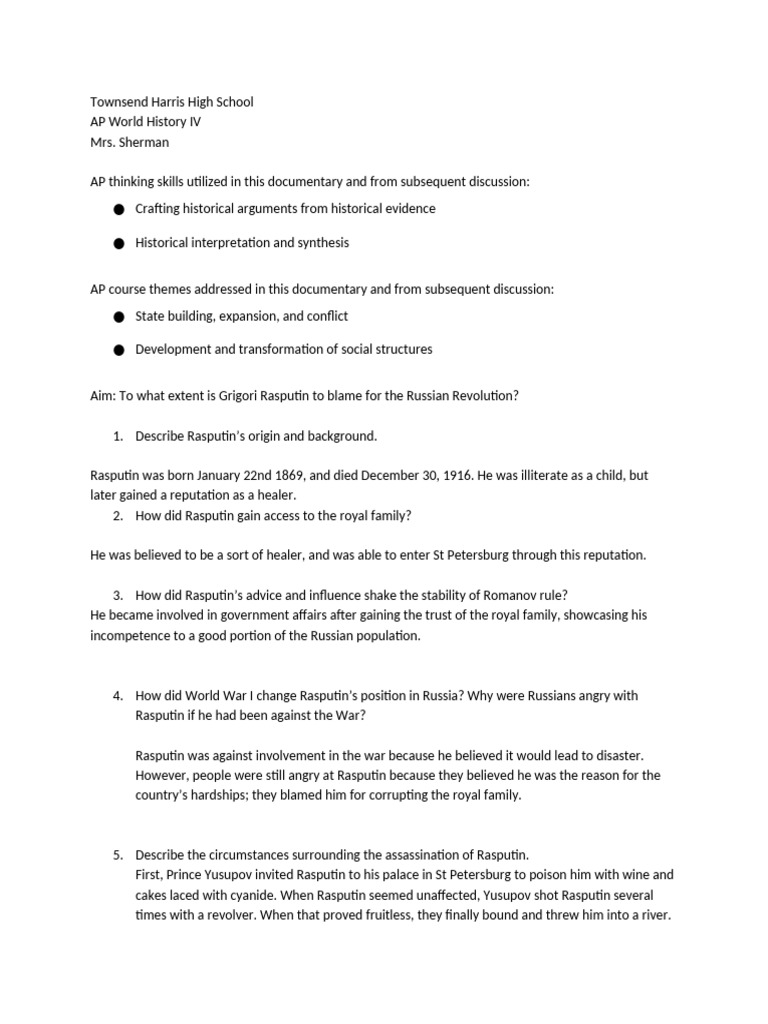 Zhi Yuan Chen - rasputin film questions | PDF
