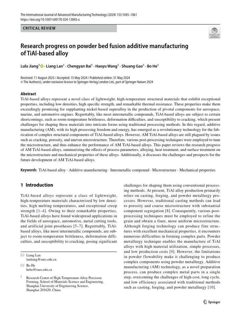 Research Progress On Powder Bed Fusion Additive Manufacturing of TiAl Based Alloy | PDF | Heat ...