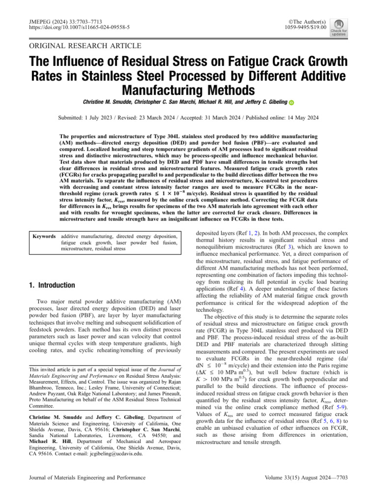 The Influence of Residual Stress On Fatigue Crack Growth Rates in ...