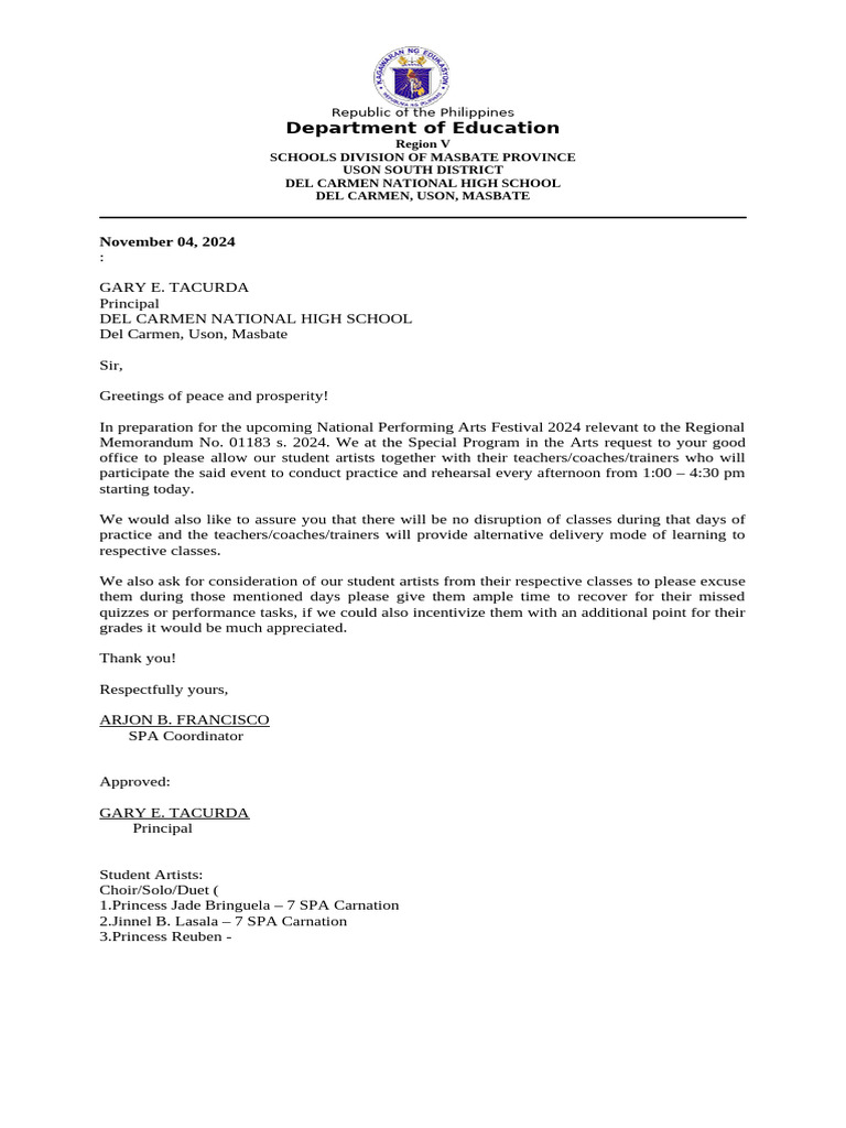 Letter of Excuse For Student Athlete | PDF