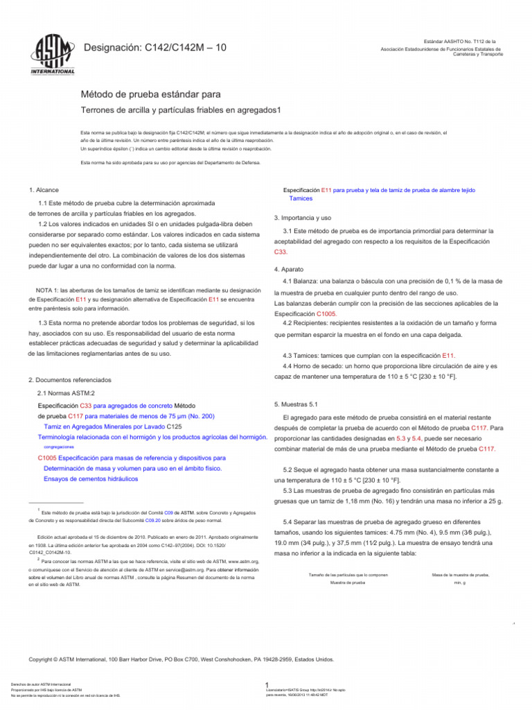 03.-Astm C142. - Terrones de Arcilla y Particulas Desmenuzables | PDF ...