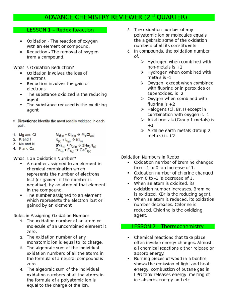 ADVANCE CHEMISTRY REVIEWER 2 | PDF | Redox | Chemical Compounds