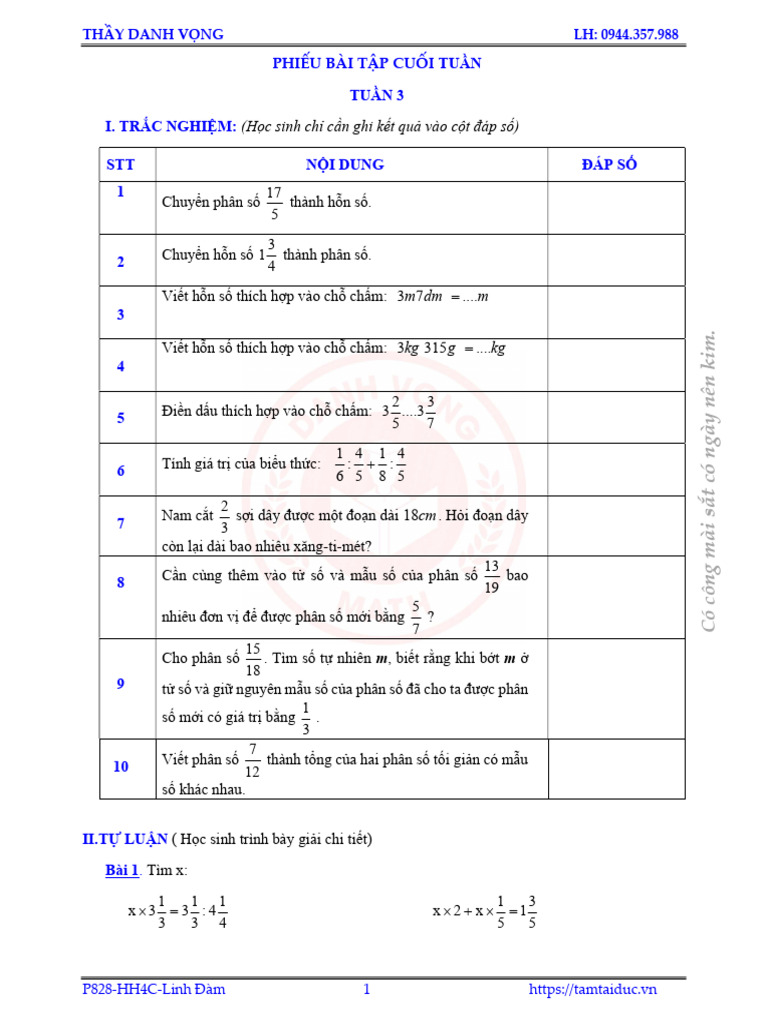 TOAN 5 - PHIEU BAI TAP TUAN 3 | PDF