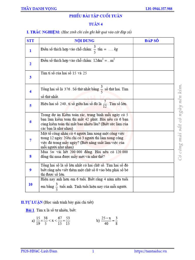 Toan 5 - Phieu Bai Tap Tuan 4 | PDF