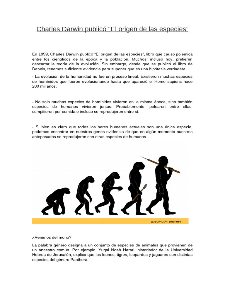 Charles Darwin Publicó "El Origen de Las Especies" | PDF | Evolución ...