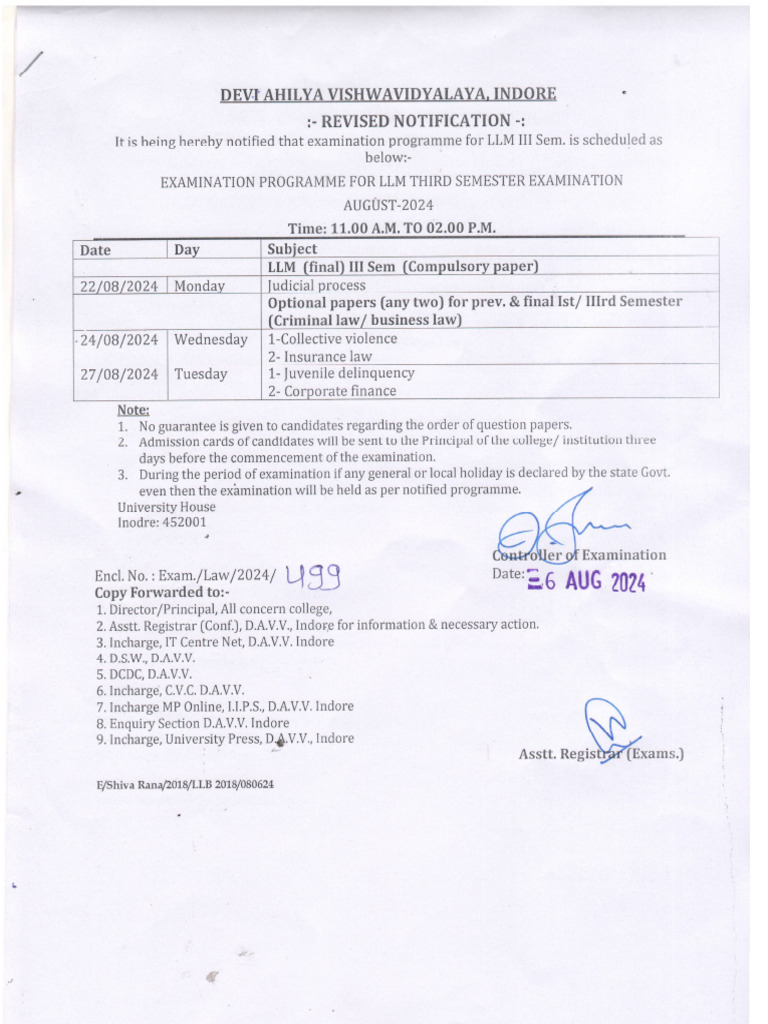 08-06-2024 - 0444pm91468 LLM Time Table Davv | PDF