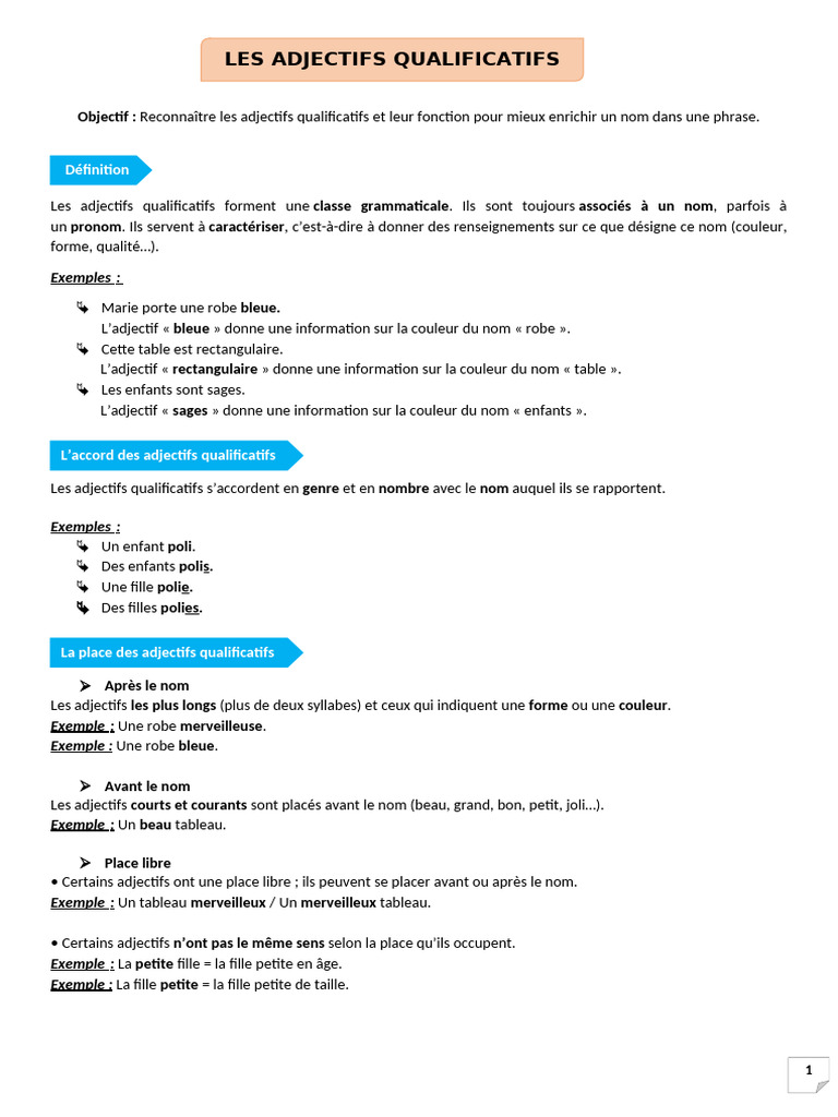 Comprendre les adjectifs qualificatifs | PDF | Adjectif | Phrase