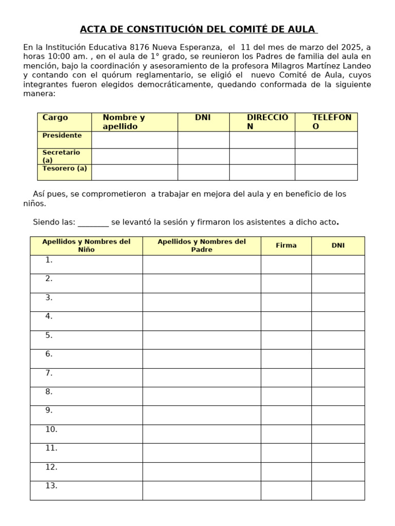 Acta de Constitución Del Comité de Aula 2025 | PDF