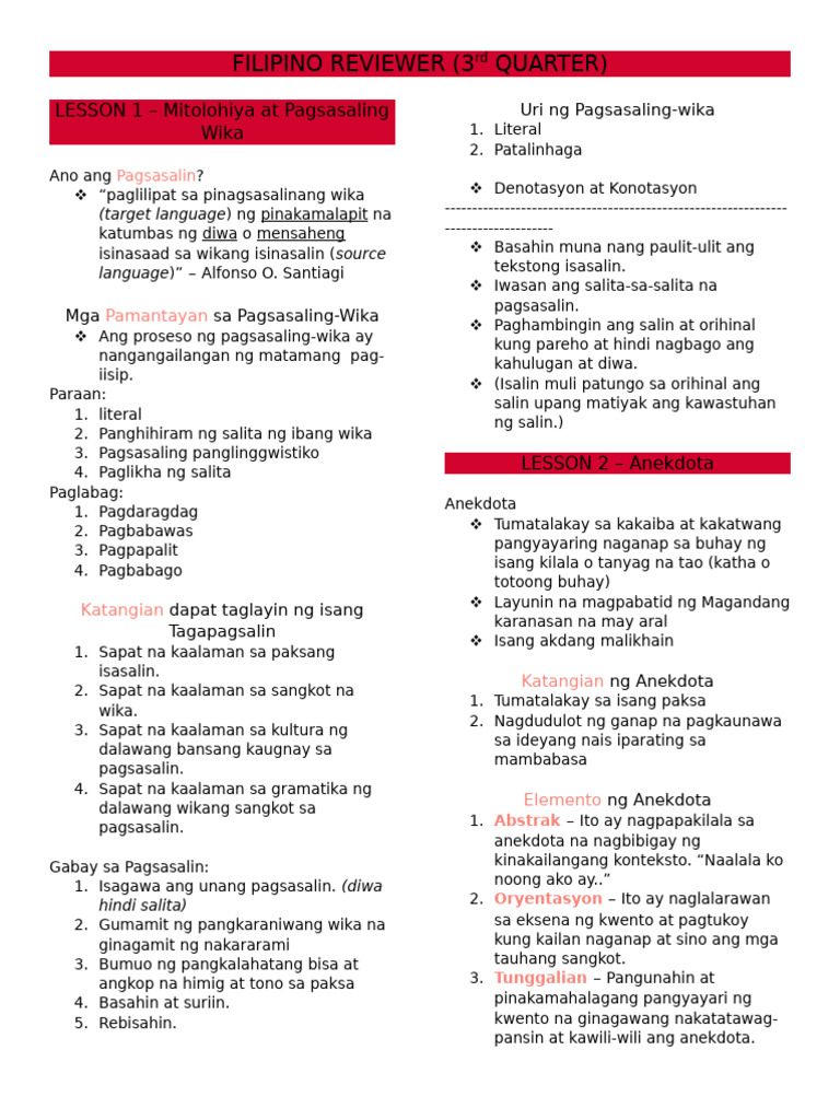 Filipino Reviewer 3 | PDF