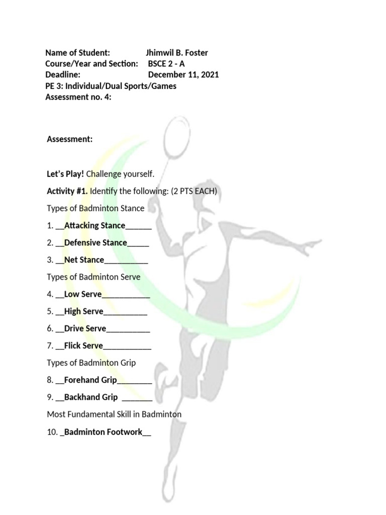 Pe3 Module 4 Lesson 1 Assessment | PDF