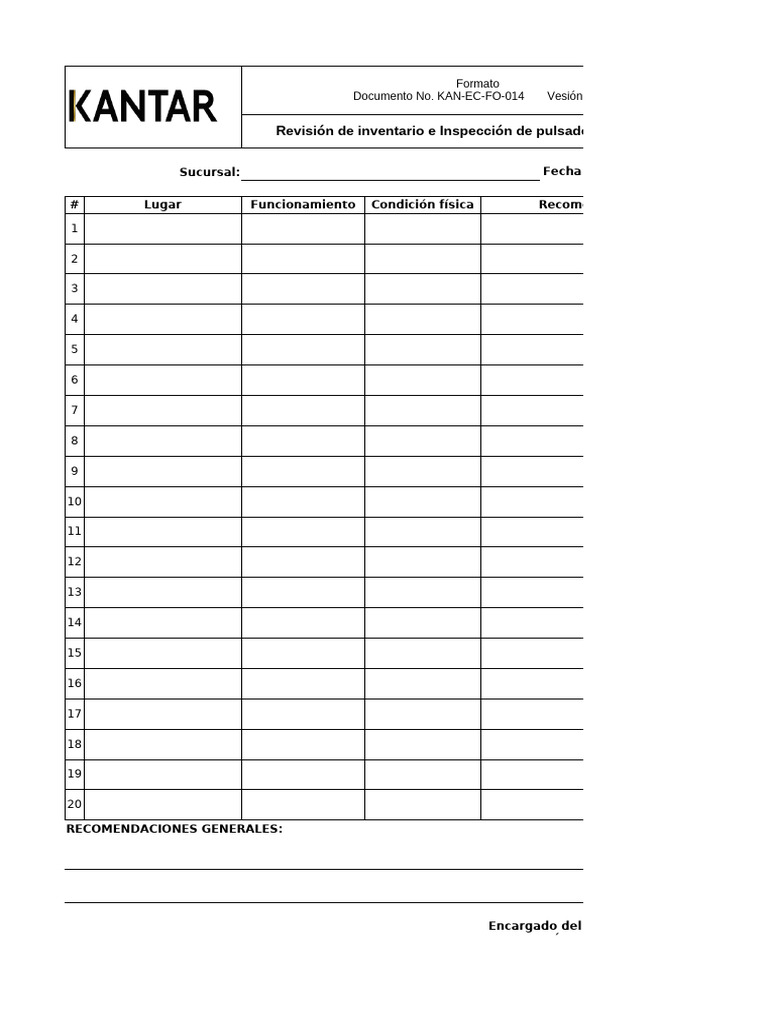 KAN-EC-FO-014 Versión 01 Rev - Inv - Ins - Pul - Alr | PDF