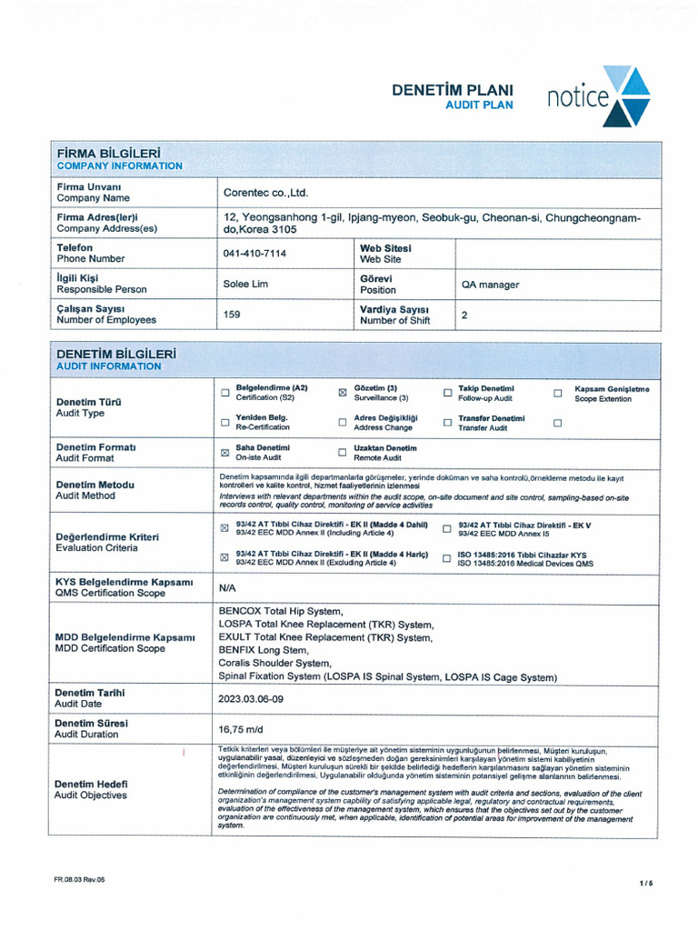 Corentec co.,Ltd. - 3SA - Audit Plan (Sign) - Scan | PDF