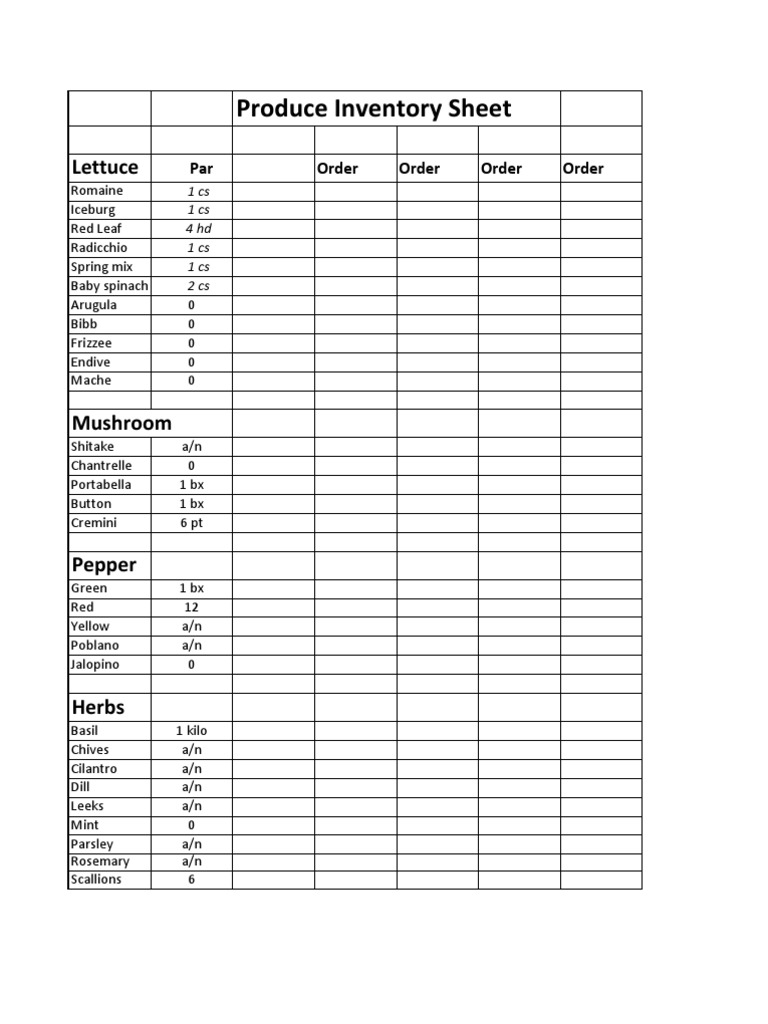 Produce Inventory Sheet: Lettuce | PDF