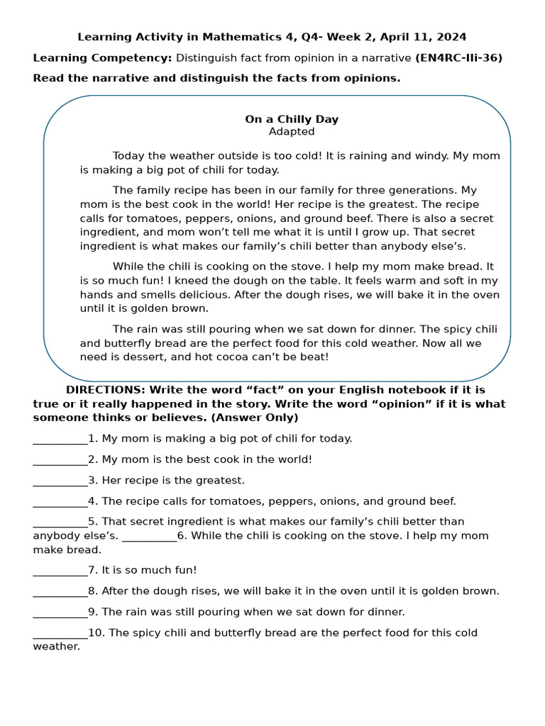 Learning Activity in Mathematics 4 in English | PDF